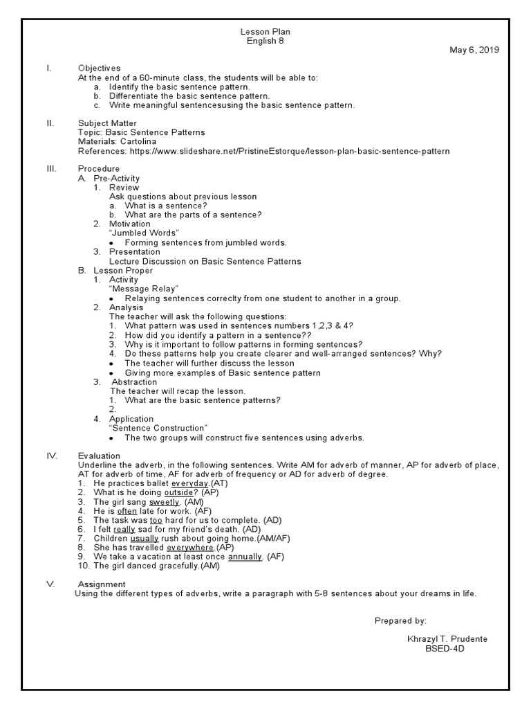 Lesson Plan-Basic Sentence Pattern | PDF | Adverb | Sentence (Linguistics)