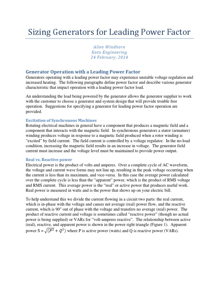 Sizing Generators for Leading Power Factor | PDF | Ac Power | Electric ...
