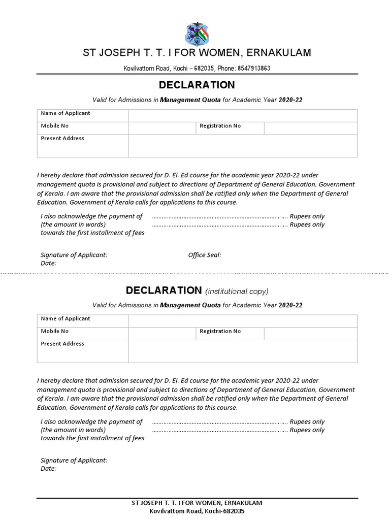 ST Joseph T. T. I For Women, Ernakulam: Declaration | PDF | Career ...