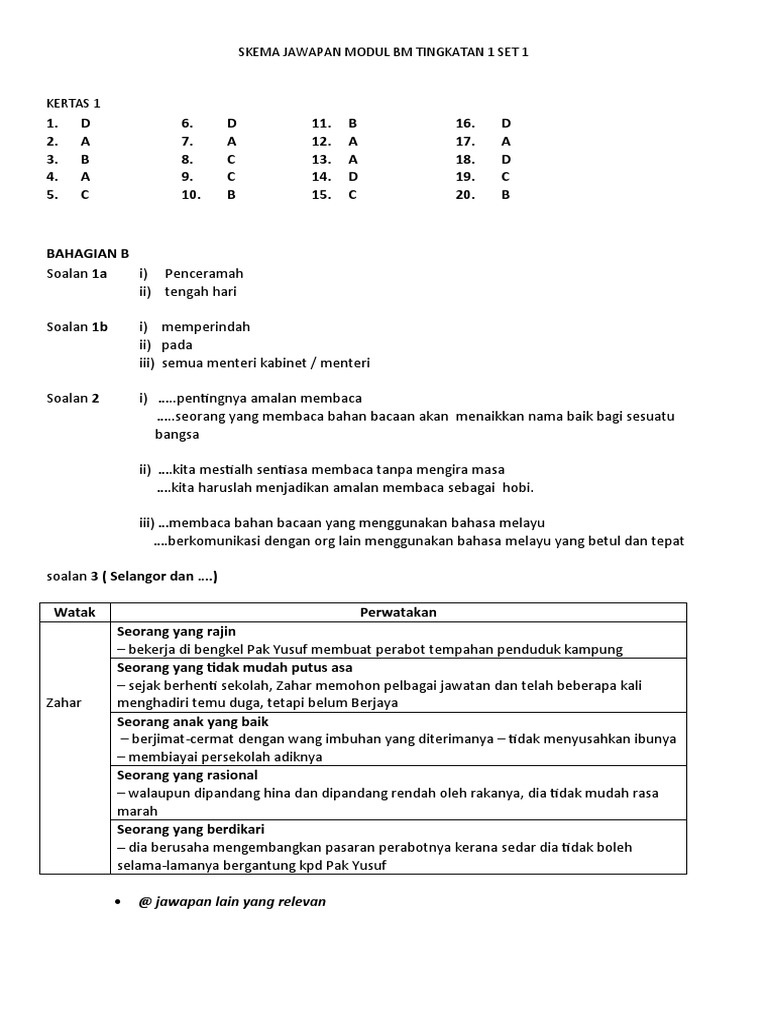 Skema Jawapan Modul BM Set 1 T1 | PDF