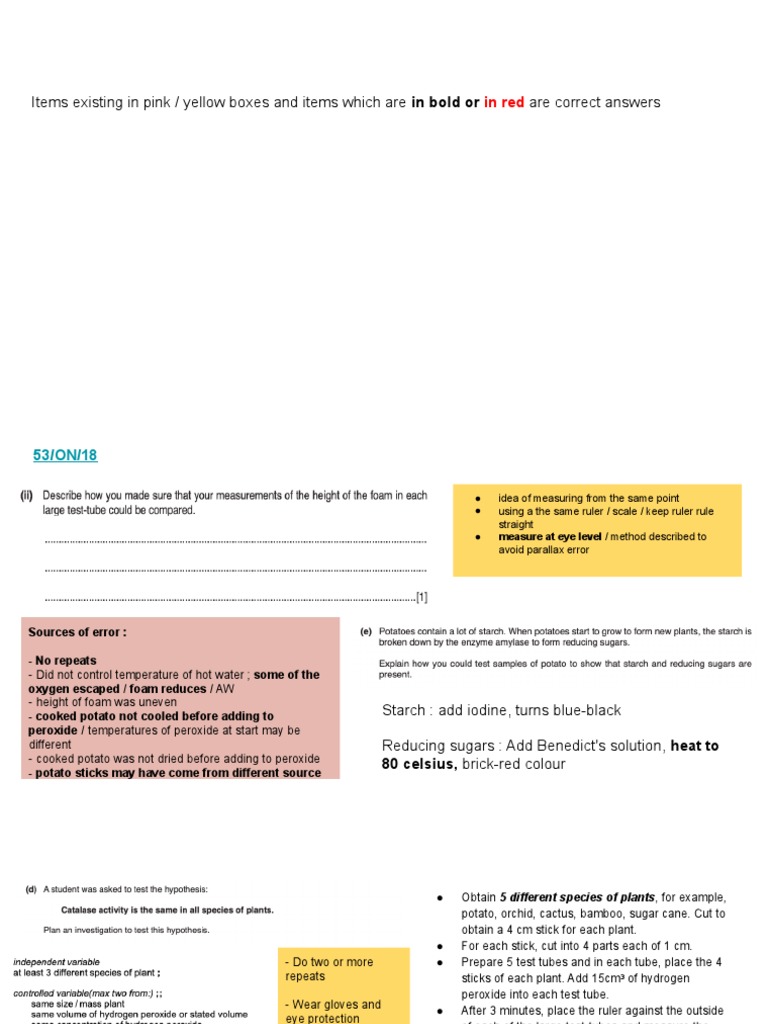 Correct Answers and Sources of Error in Biology Experiments | PDF ...