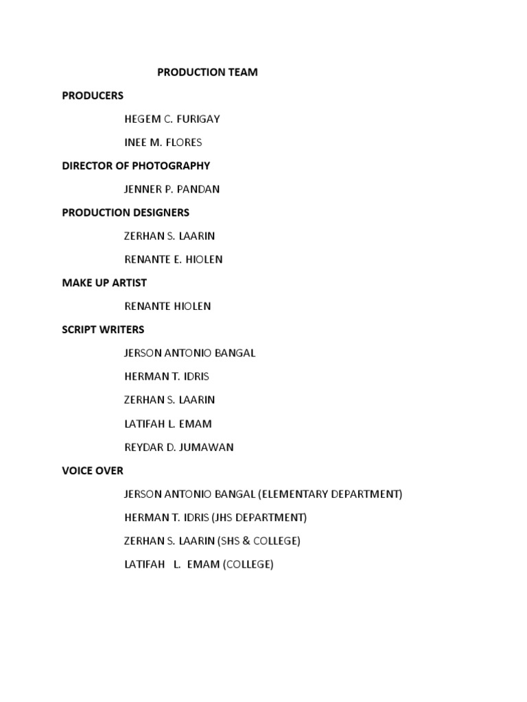 Production Team Credits for Hegem Furigay | PDF