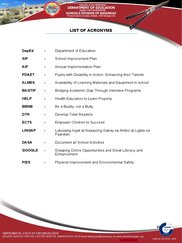 List of Acronyms: Deped - Sip - Aip - Pdaet - Almes - Bagtip - Help ...