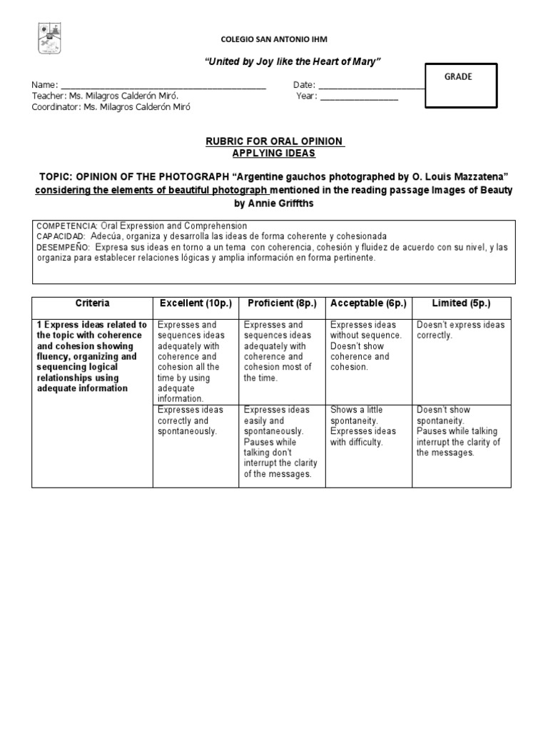 RUBRIC ORAL EXPLANATION APPLYING IDEAS UNIT 3 5th Year | PDF | Fluency ...