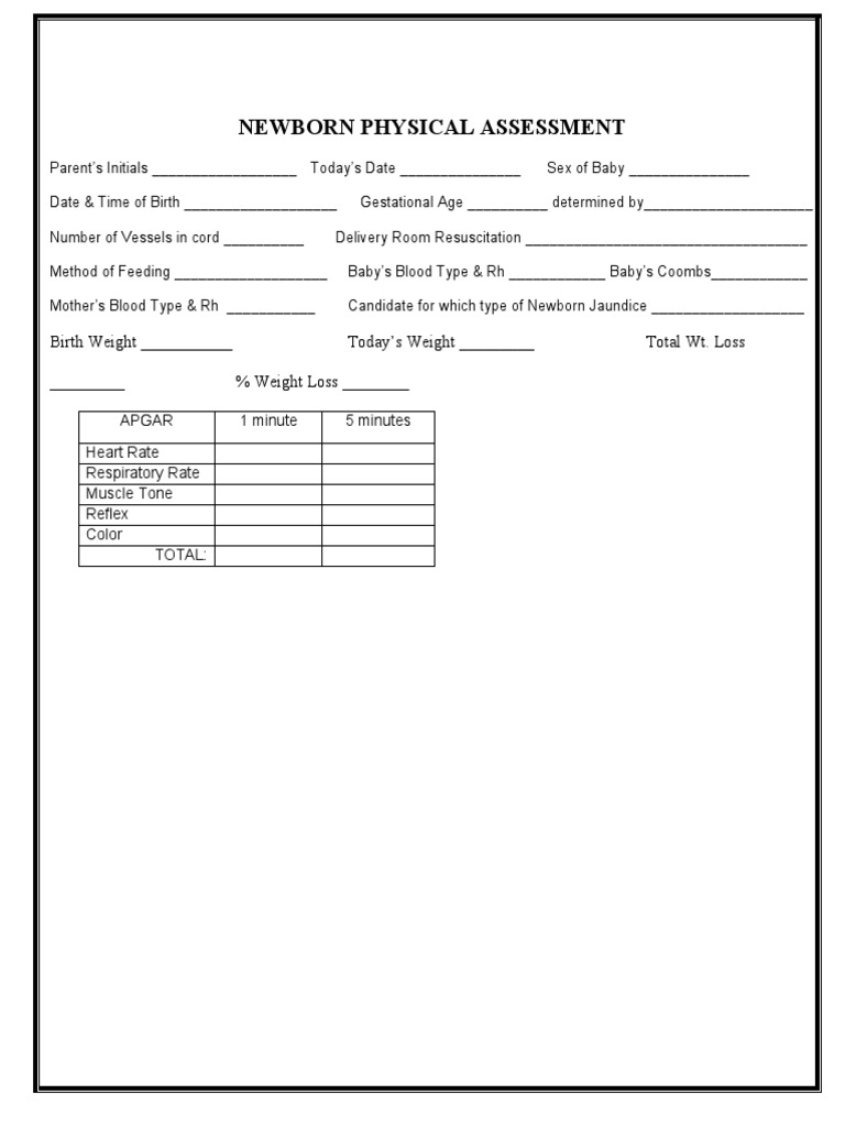 Newborn Physical Assessment Checklist | PDF | Childbirth | Infants