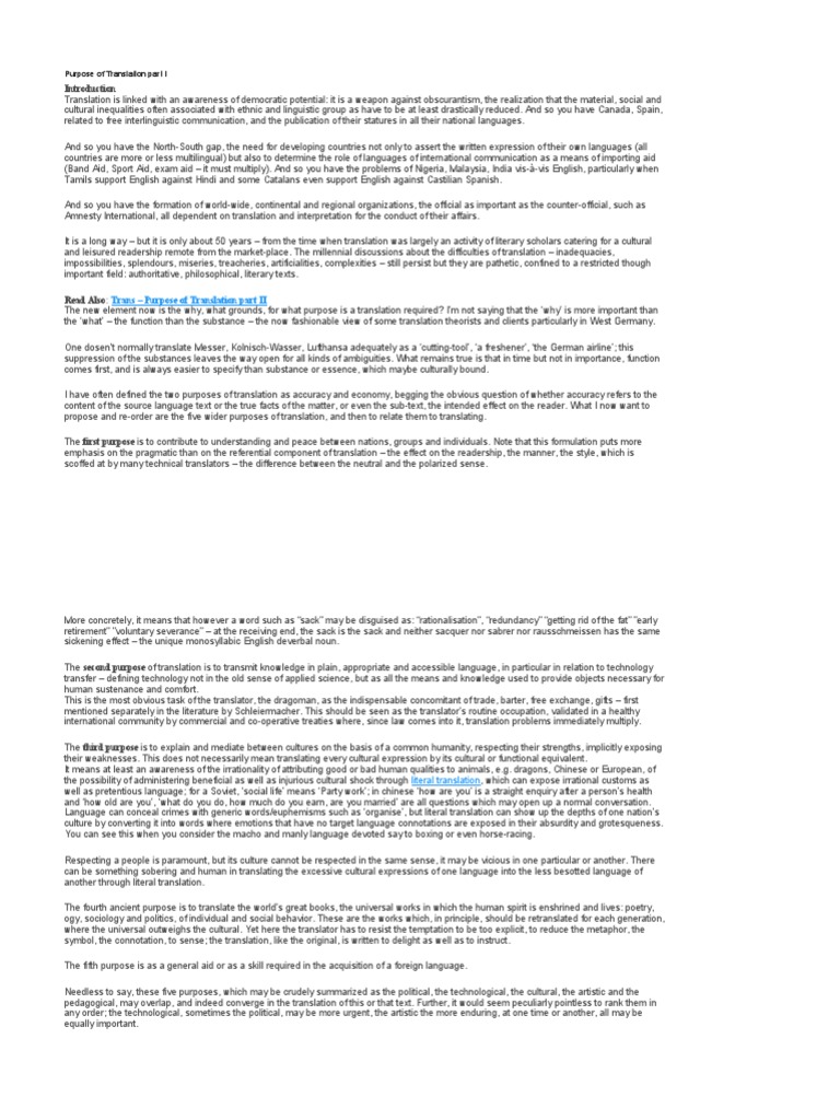 Five Purposes of Translation Explained | PDF | Translations | Cognitive ...