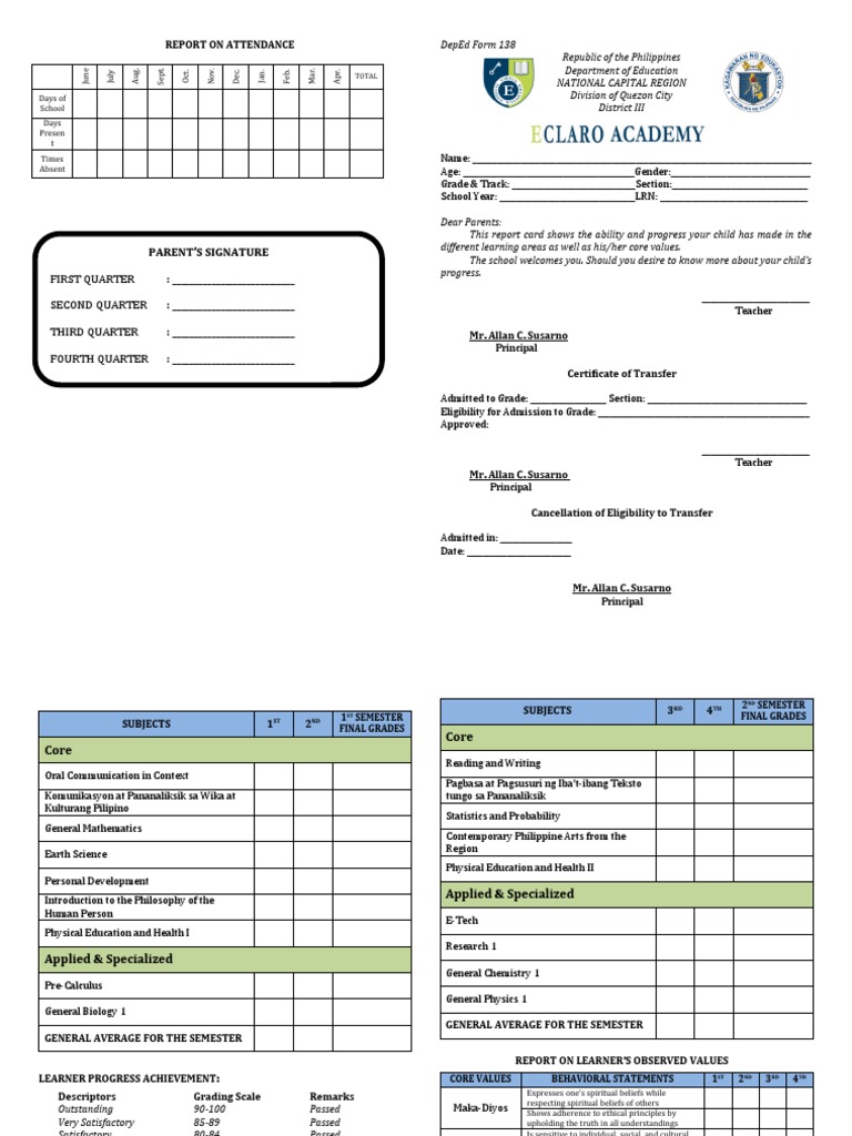 Report On Attendance: Parent'S Signature | PDF | Value (Ethics ...