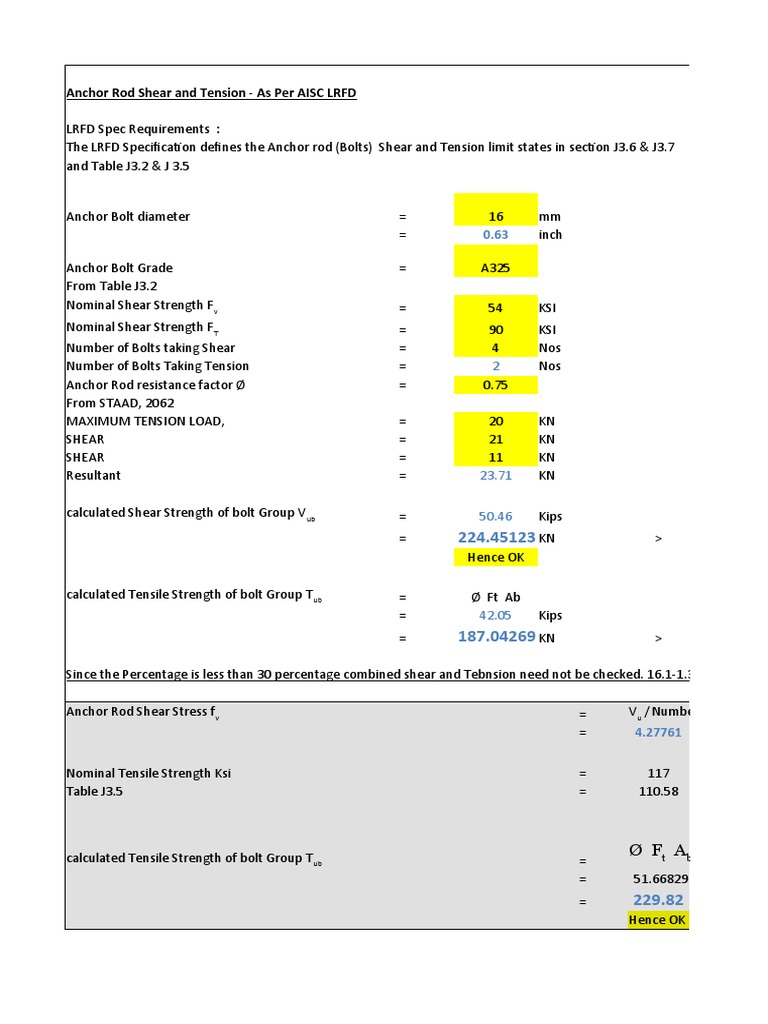 Anchor Rod Shear and Tension - As Per AISC LRFD | PDF | Strength Of ...