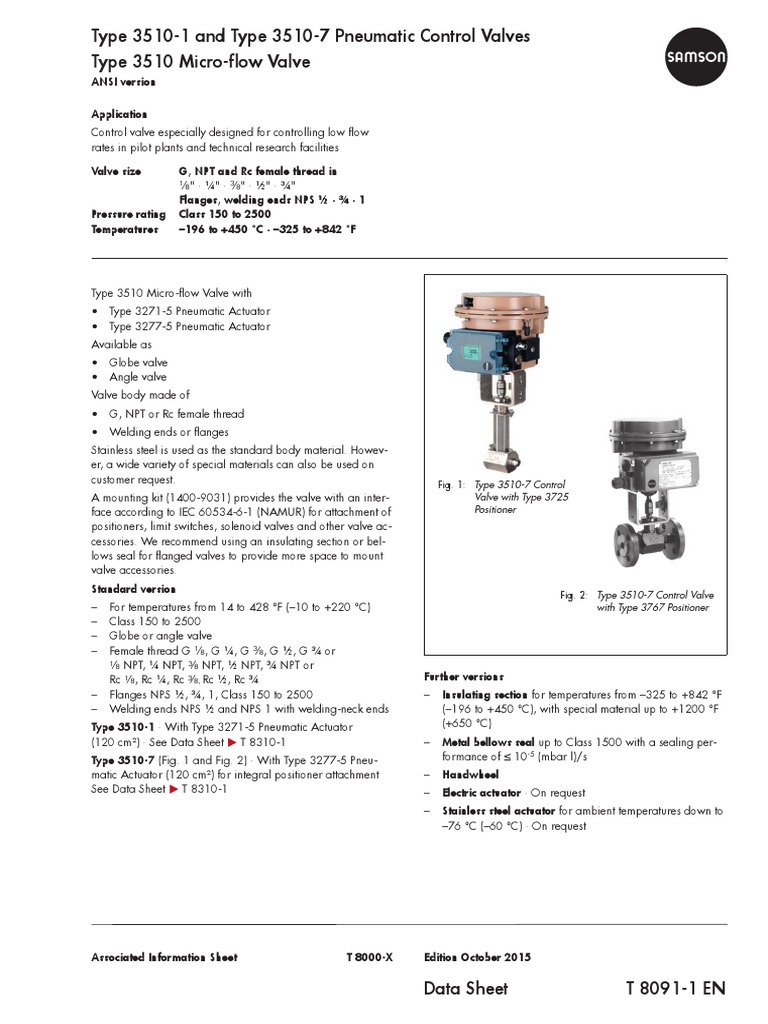 Type 3510 1 and Type 3510 7 Pneumatic Control Valves Type 3510 Micro ...