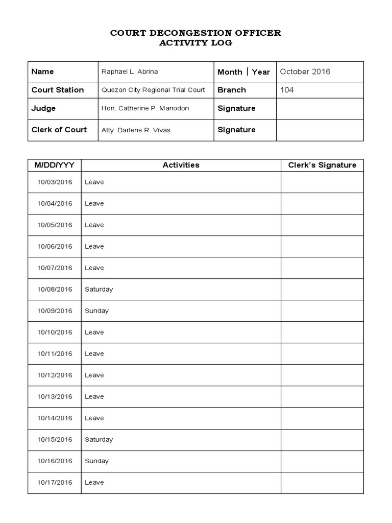 Court Decongestion Officer Log - Oct 2016 | PDF | Law
