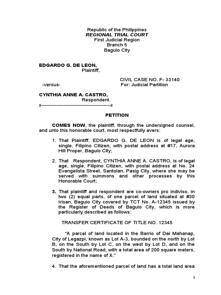 Petition for Judicial Partition of a Co-Owned Property Located in ...