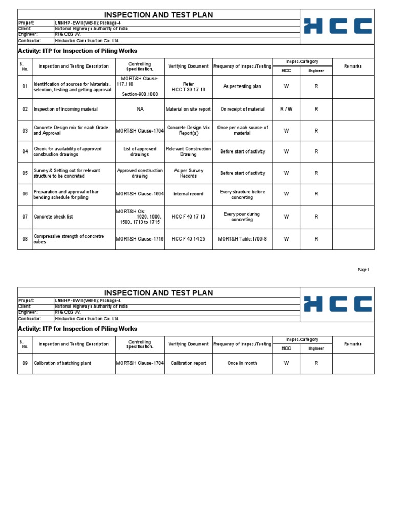 Inspection and Test Plan: Activity: ITP For Inspection of Piling Works ...