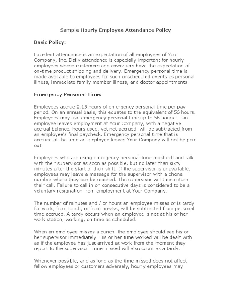 27.sample Hourly Employee Attendance Policy | PDF | Accrual | Employment