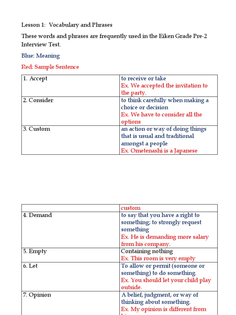 Lesson 1: Vocabulary and Phrases These Words and Phrases Are Frequently ...