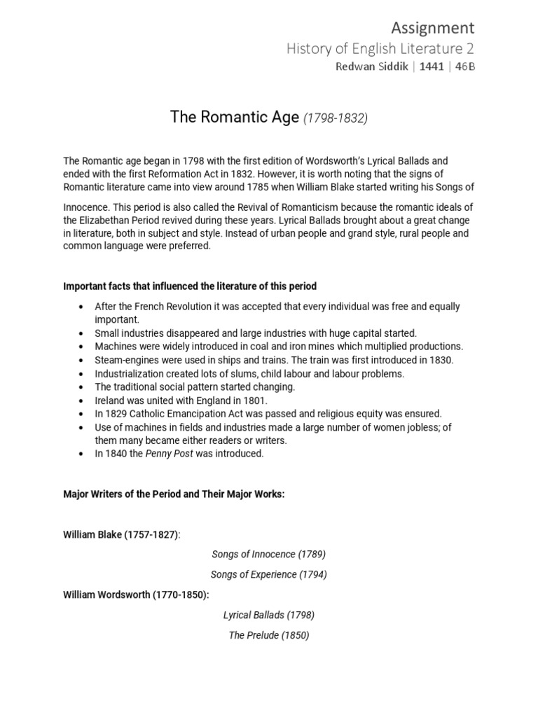 Assignment - Romantic Age - Redwan Siddik - 1441 | PDF | Romanticism ...