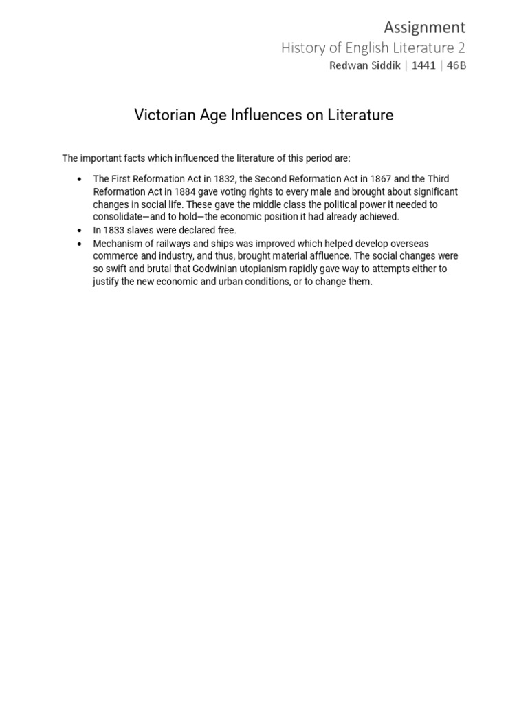 Victorian Age Influences On Literature: Assignment | PDF