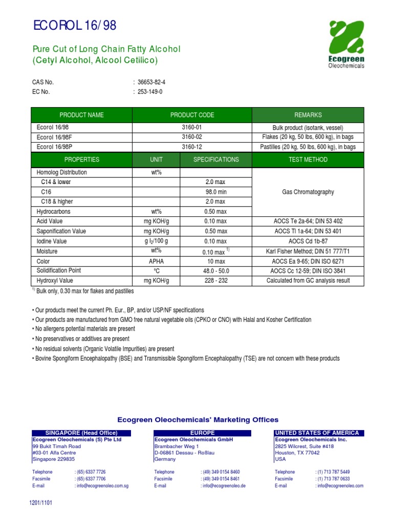 ECOROL 16/98: Pure Cut of Long Chain Fatty Alcohol (Cetyl Alcohol ...