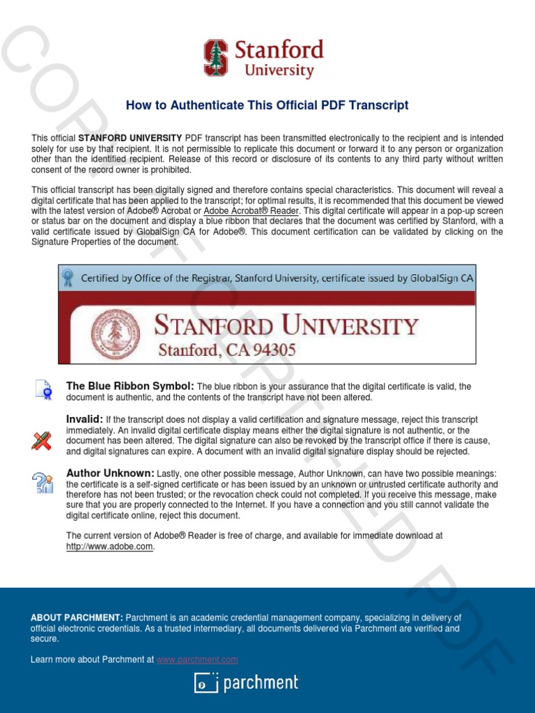 How To Authenticate This Official PDF Transcript: The Blue Ribbon ...