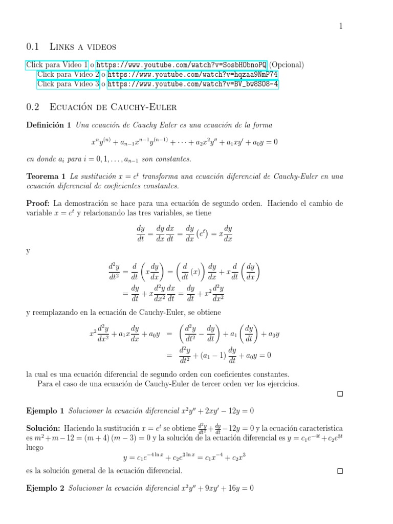 Capitulo05 Cauchy Euler | PDF | Ecuaciones diferenciales | Ecuaciones