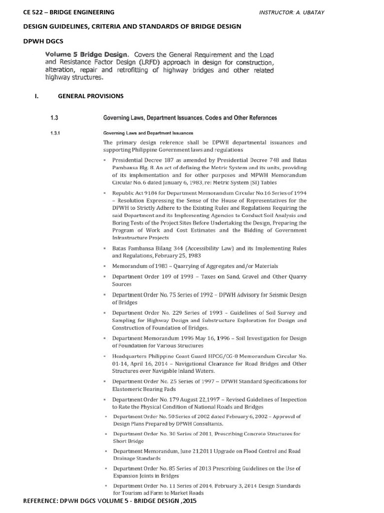 Design Guidelines, Criteria and Standards of Bridge Design DPWH Dgcs | PDF