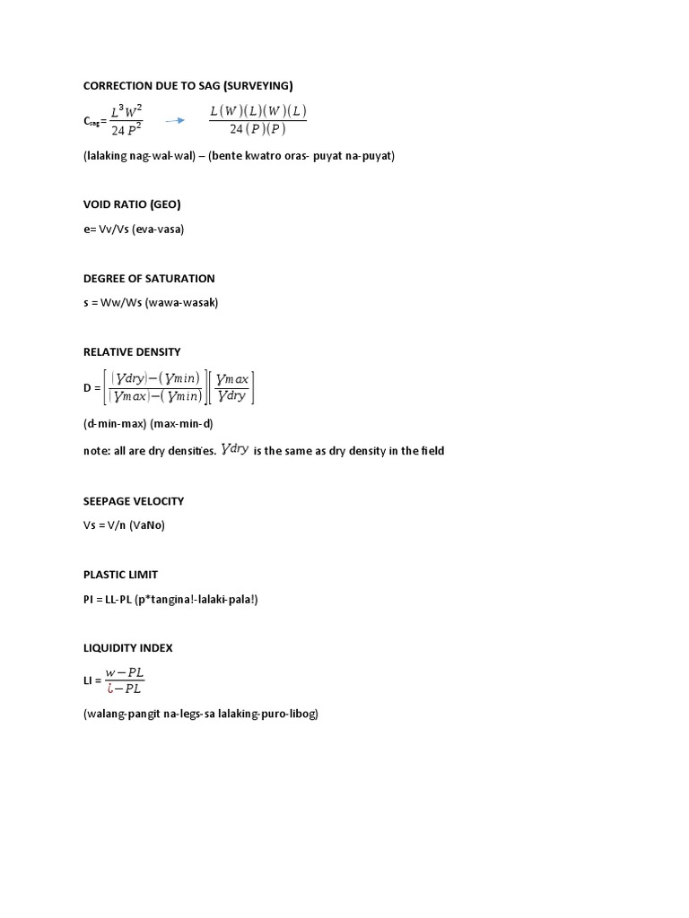 CORRECTION DUE TO SAG (SURVEYING) MNEMONICS | PDF | Quantity ...