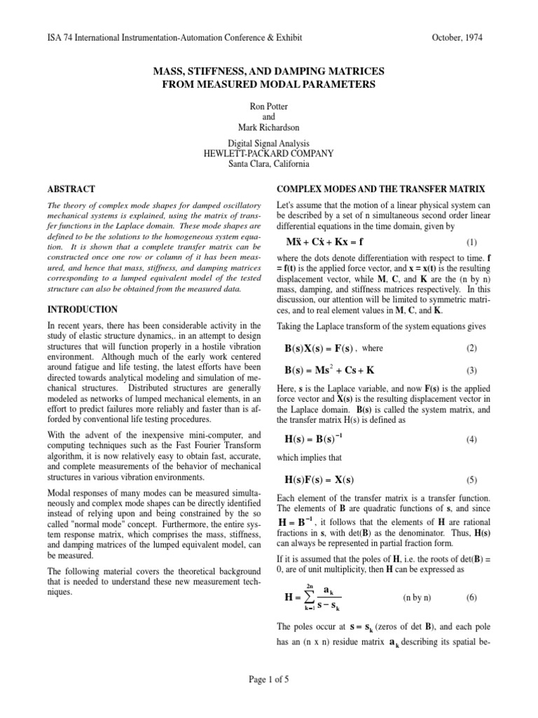 Mass, Stiffness, and Damping Matrices From Measured Modal Parameters ...