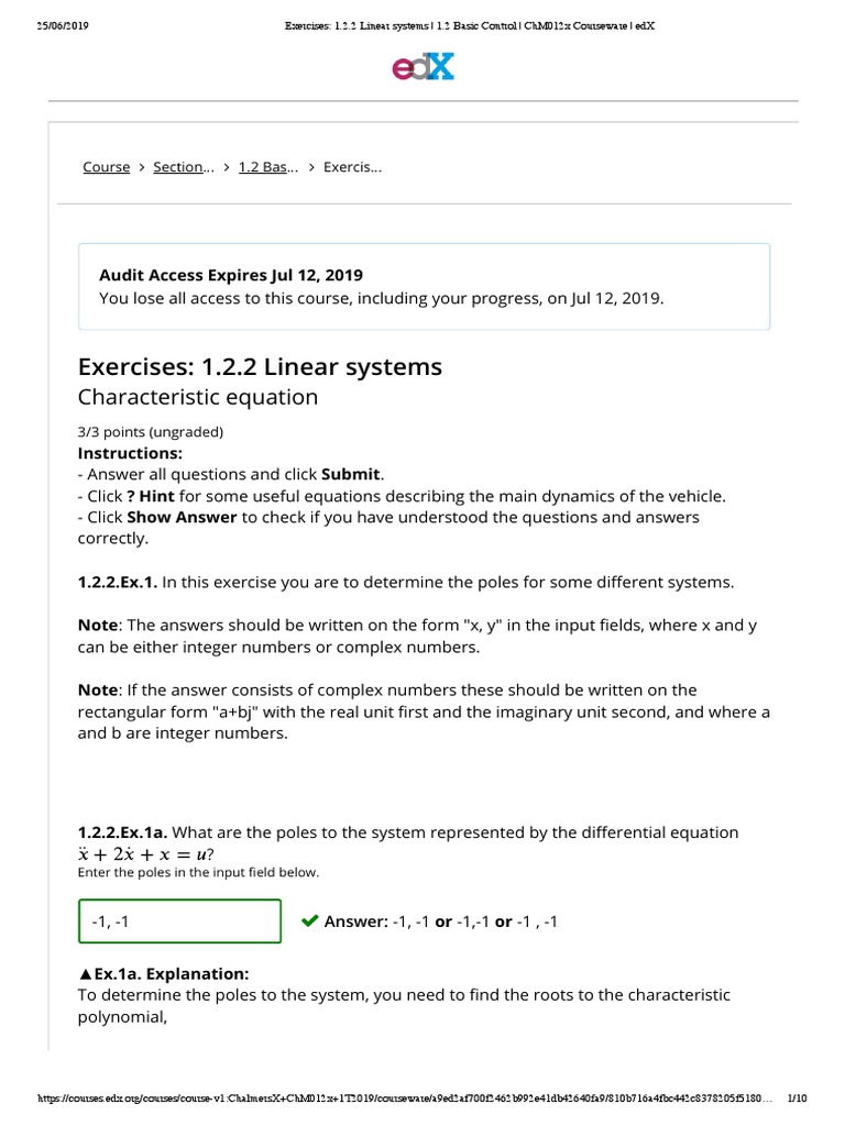 Exercises - 1.2.2 Linear Systems - 1.2 Basic Control - ChM012x ...