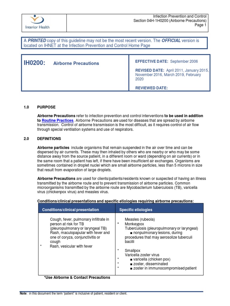 Airborne Precautions PDF | PDF | Infection Control | Transmission ...