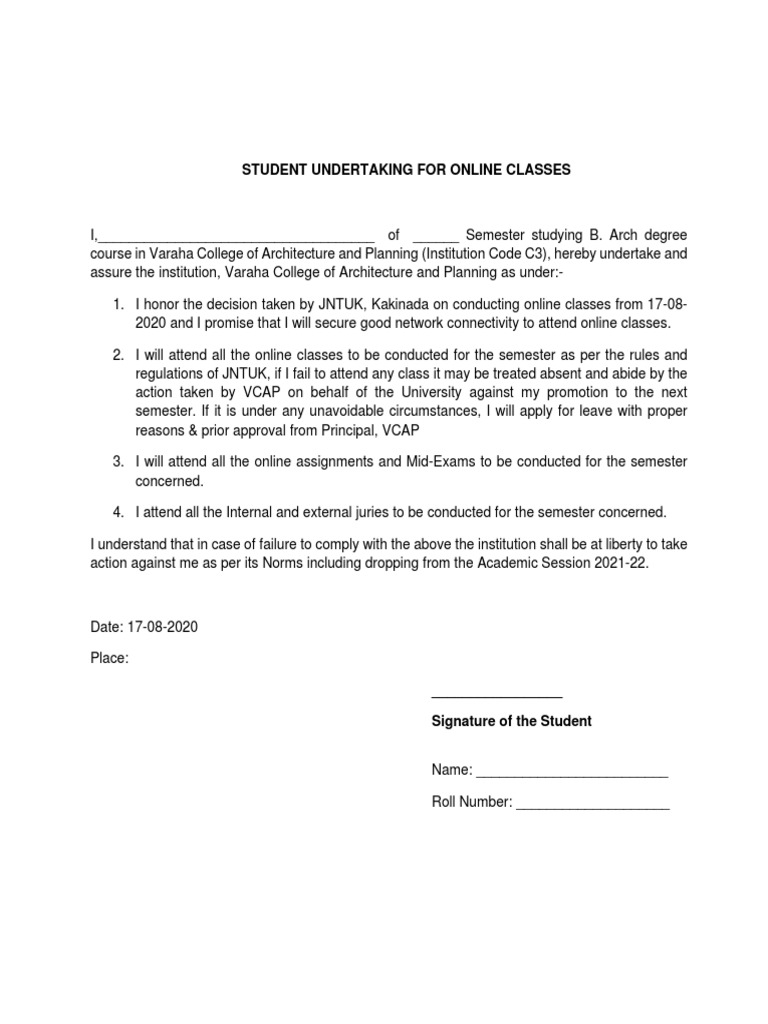 Student Undertaking For Online Classes | PDF