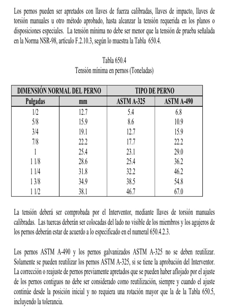 Tabla Torque Pernos en Estructuras | PDF