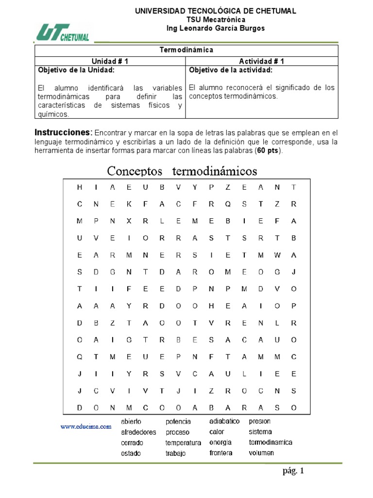 01 Sopa de Letras P1 S1 | PDF | Termodinámica | Mecánica de Medios ...