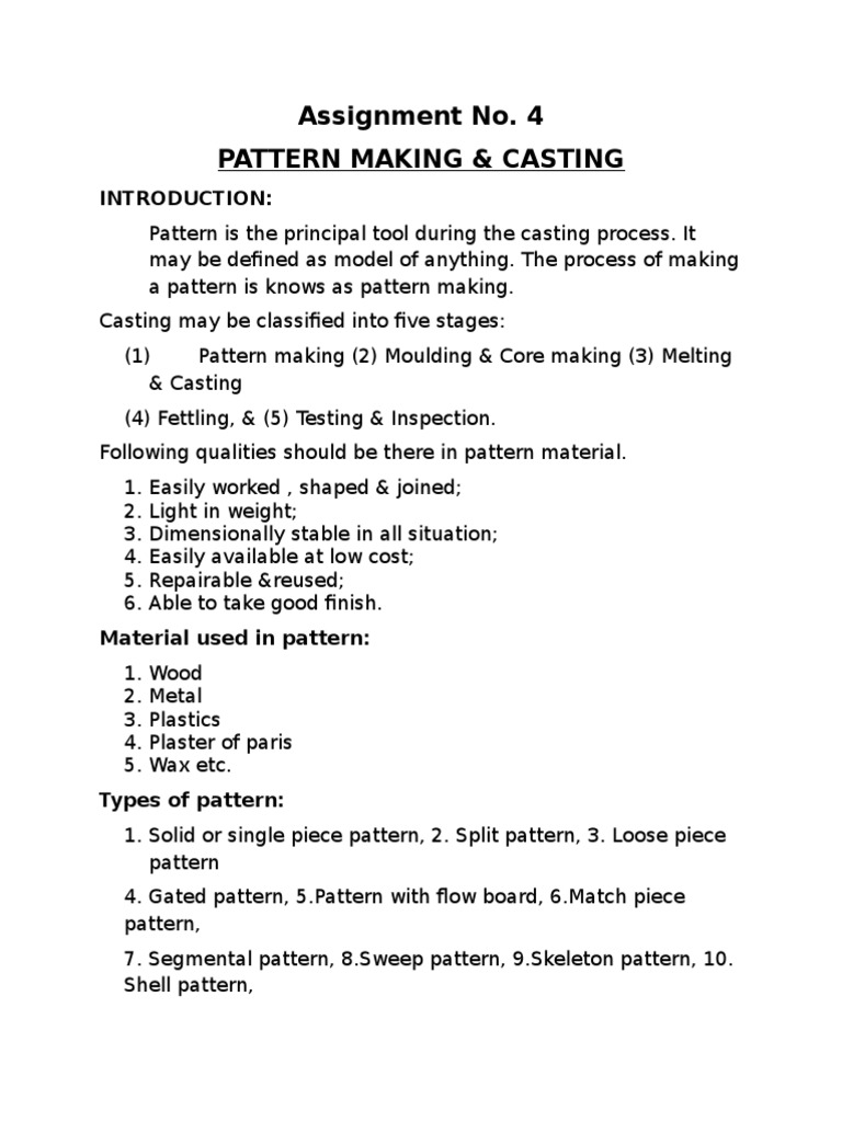 Pattern Making Assignment | PDF | Casting (Metalworking) | Crafts