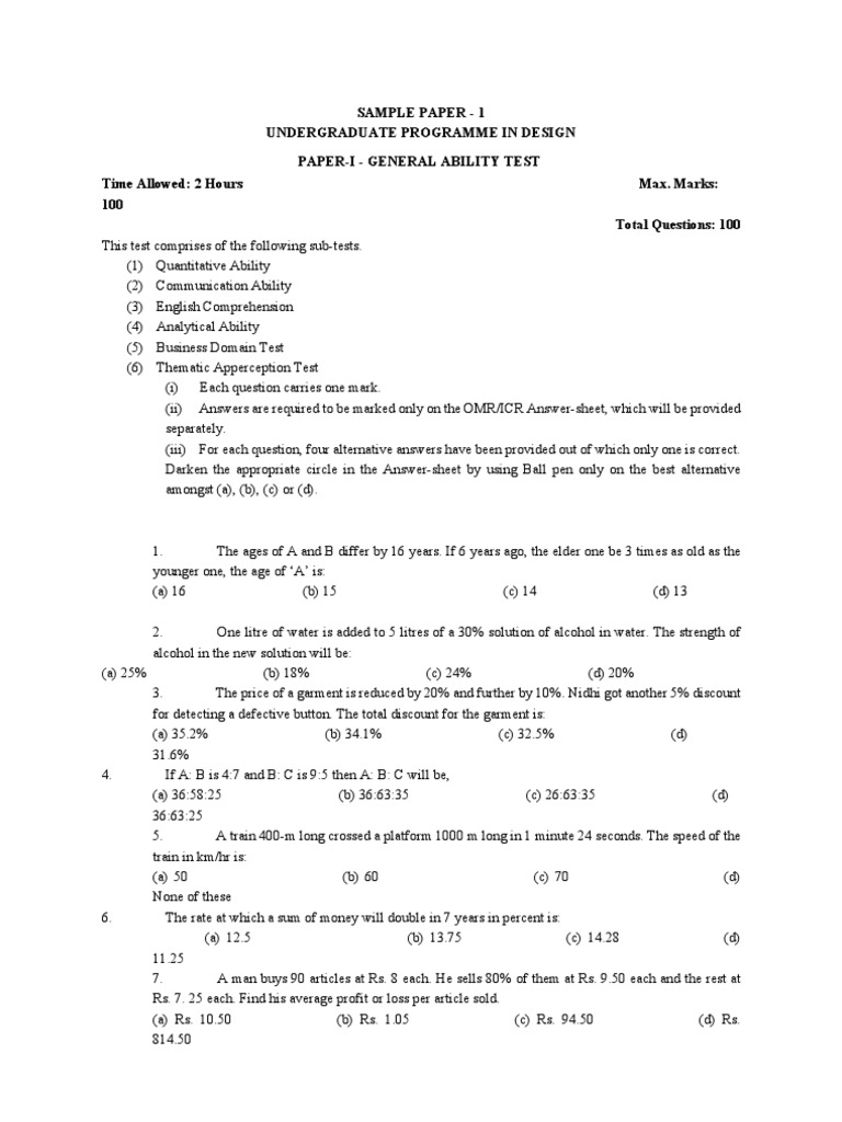 Sample Paper Ug Gat | PDF