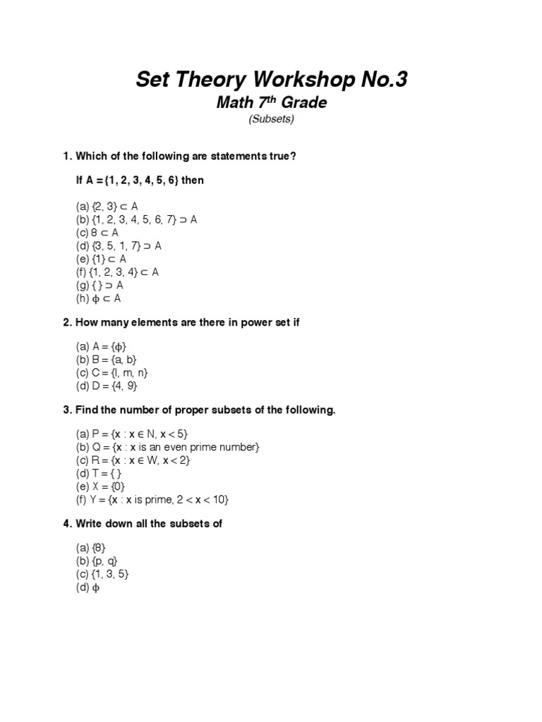 Grade 7 Sets and Subsets Worksheet | PDF | Teaching Methods & Materials ...