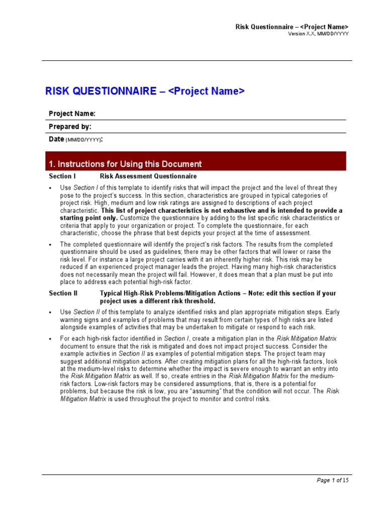 Risk Questionnaire Template v1 | PDF | Project Management | Risk