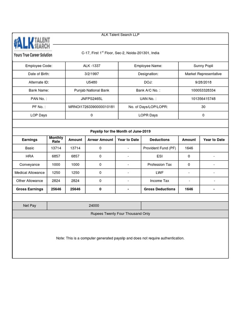 Payslip For The Month of June-2019 Earnings Monthly Rate Amount Arrear ...