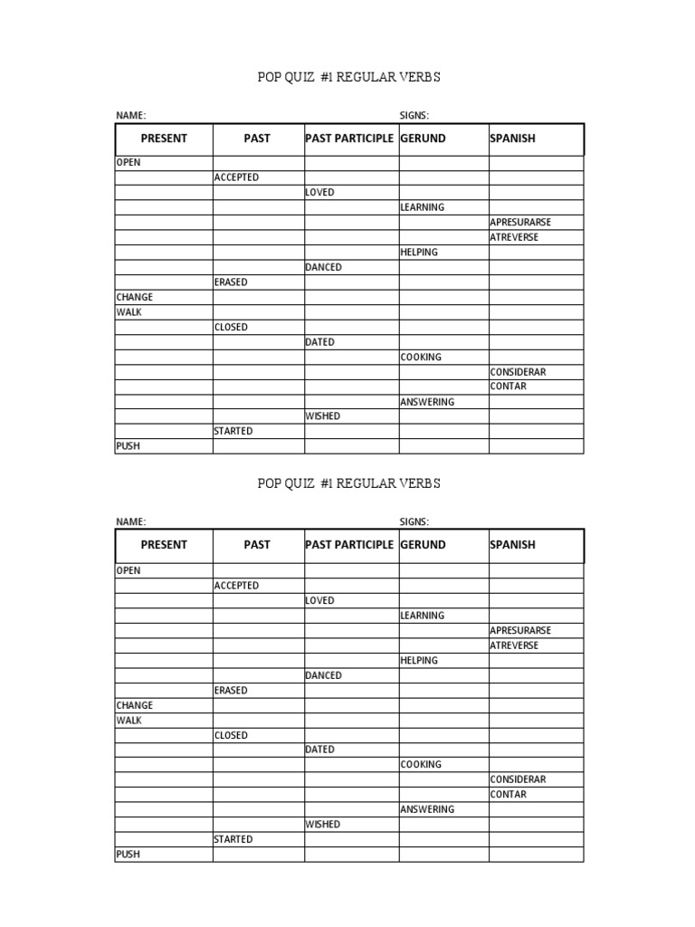 Pop Quiz Verbs | PDF