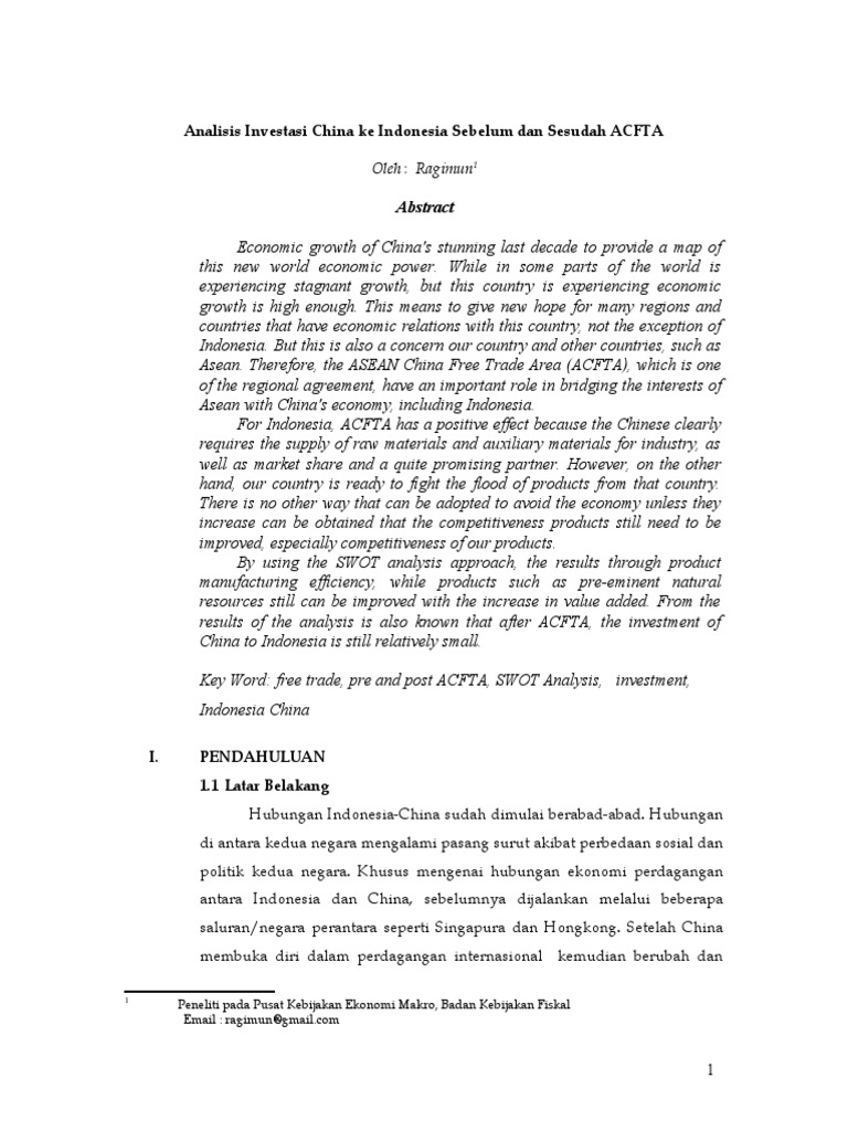 Analisis Investasi China Ke Indonesia Sebelum Dan Sesudah ACFTA | PDF | International Trade ...
