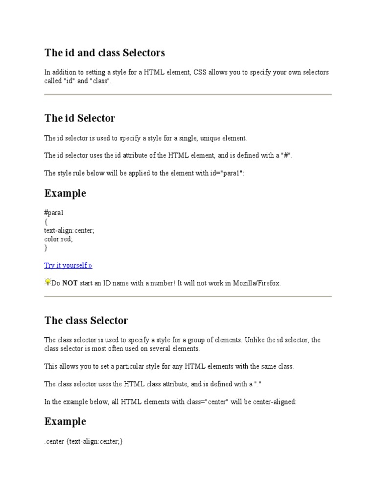 Css Id And Class Selectors Guide Pdf Html Element Html
