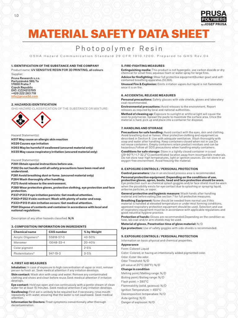 Material Safety Data Sheet: Photopolymer Resin | PDF | Personal ...