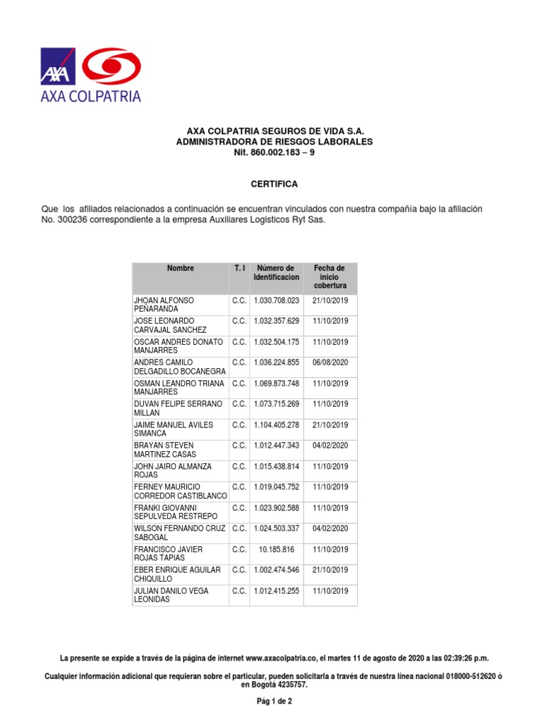 Certificado ARL AXA COLPATRIA | PDF | Business Certificado ARL AXA COLPATRIA | PDF | Business