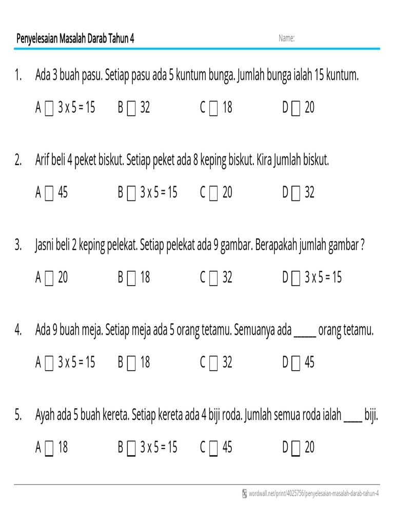 Penyelesaian Masalah Darab Tahun 4 Quiz PDF | PDF