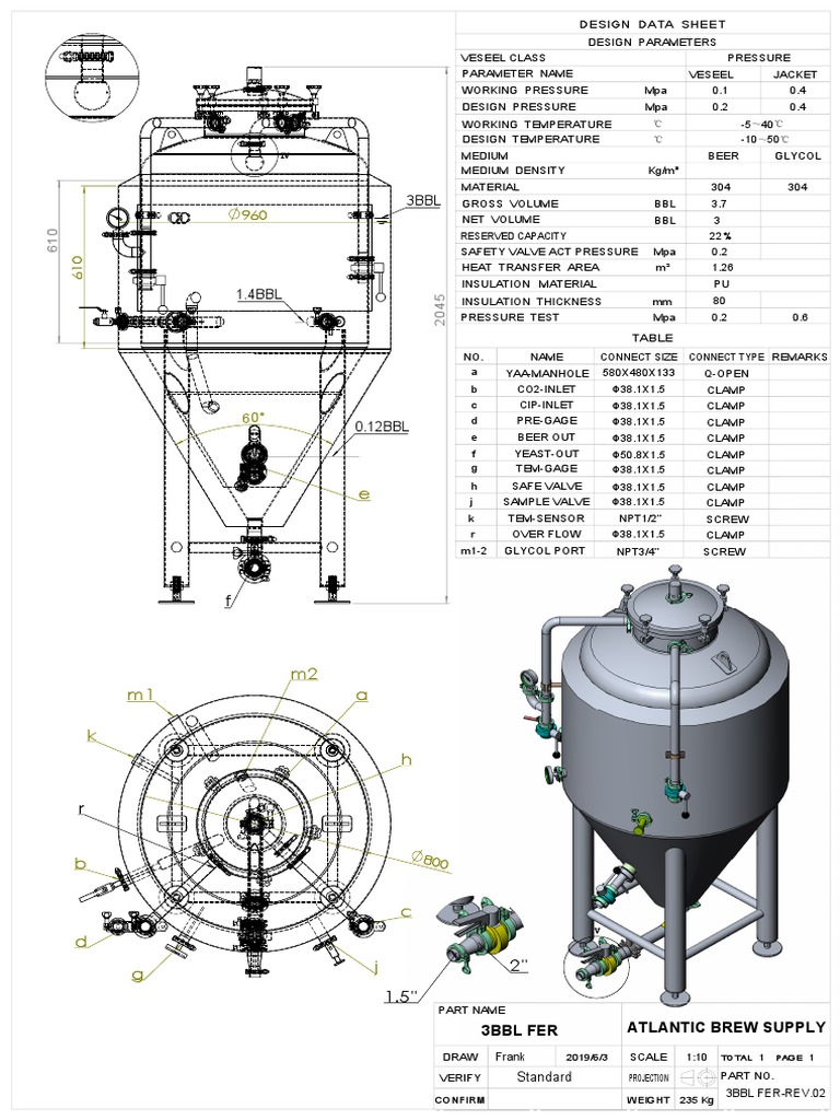 3BBL Fermentation Vessel Design Data | PDF | Barrel (Unit) | Celsius
