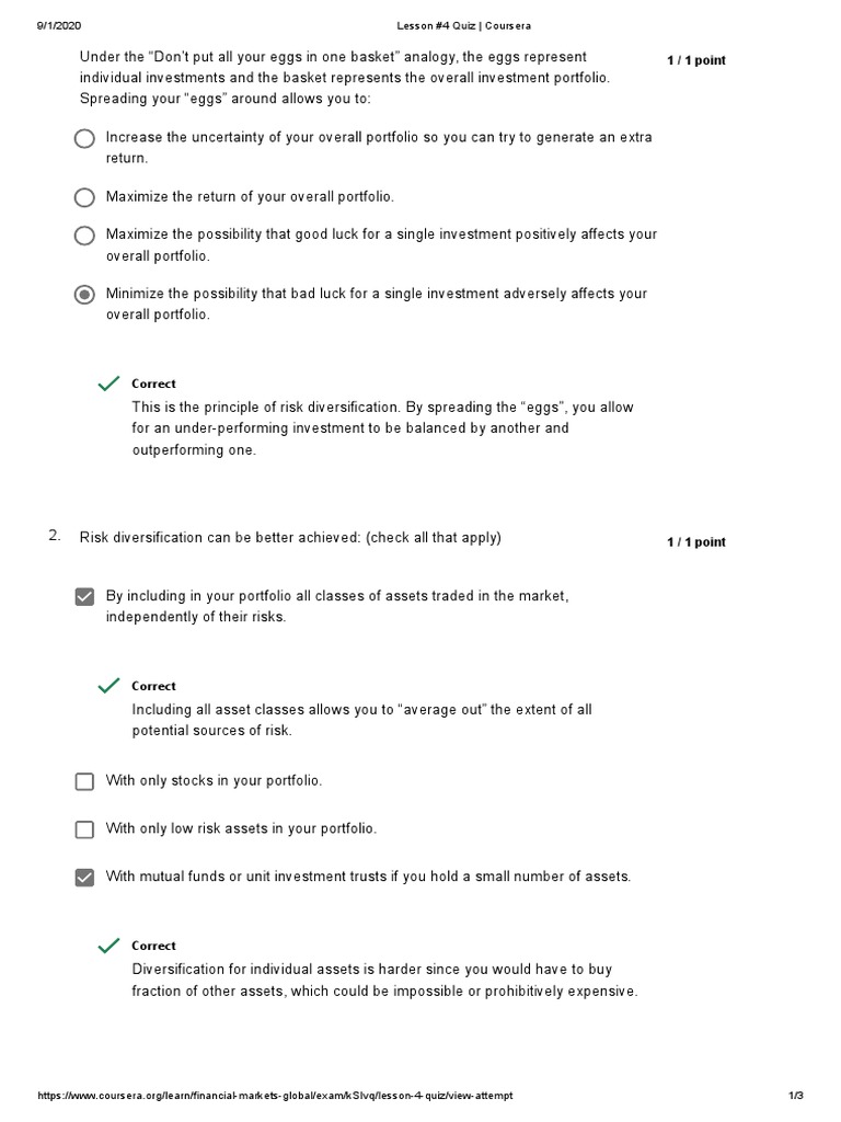Lesson #4 Quiz - Coursera | PDF | Diversification (Finance) | Short ...