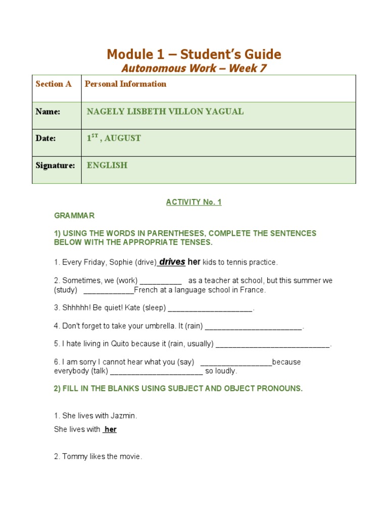 Module 1 - Student's Guide: Autonomous Work - Week 7 | PDF | Language ...