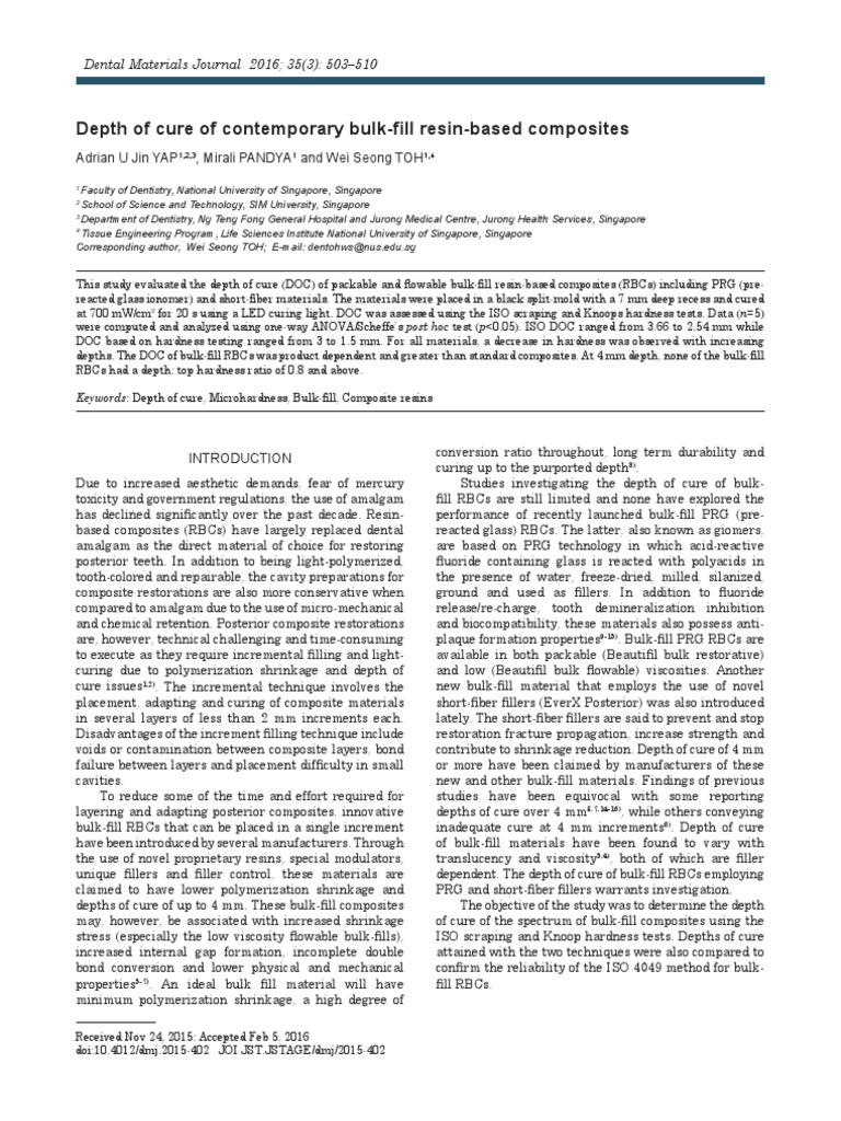 Depth of Cure of Contemporary Bulk-Fill Resin-Based Composites ISO 4049 ...