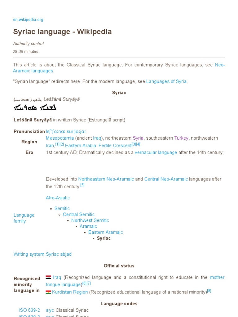 Syriac Language - Wikipedia: Neo-Aramaic Languages Languages of Syria ...