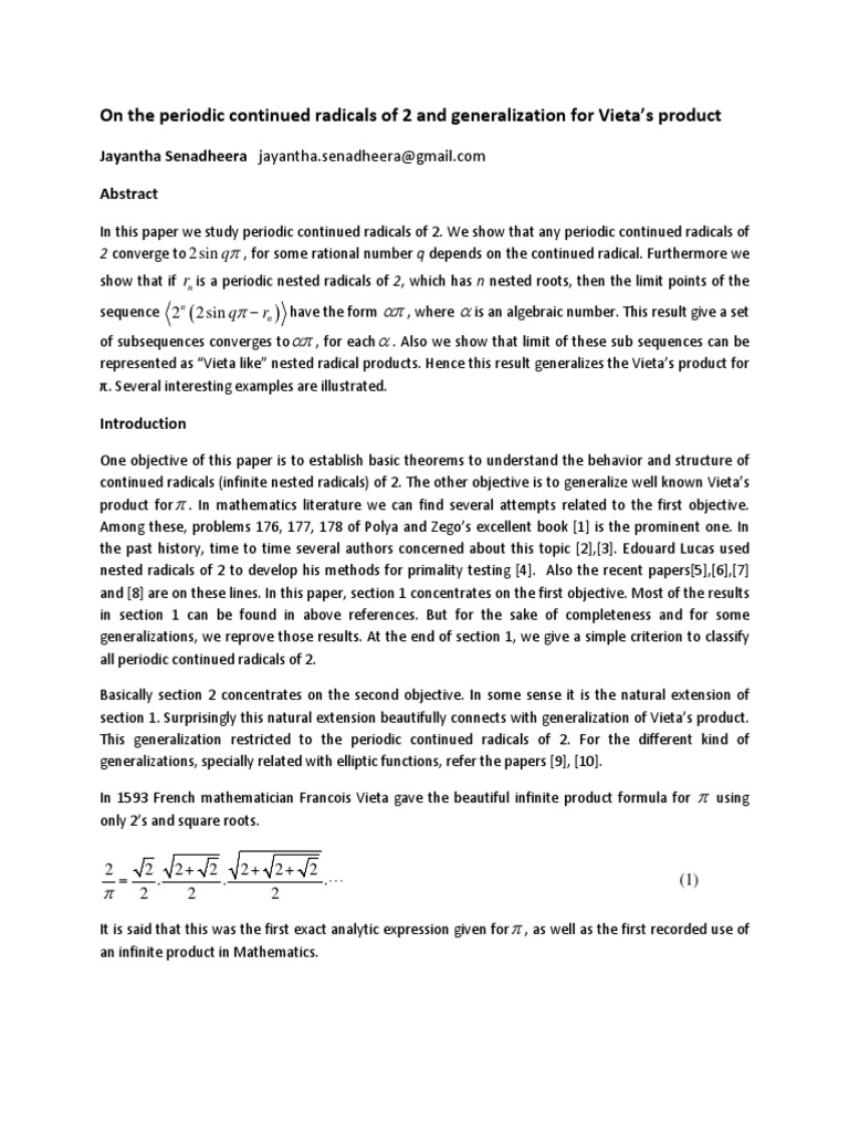 On The Periodic Continued Radicals of 2 and Generalization For Vieta's ...