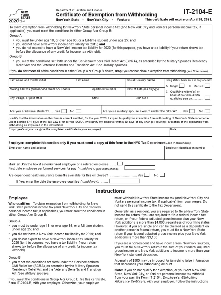 Form IT-2104-E - 2020 - Certificate of Exemption From Withholding ...