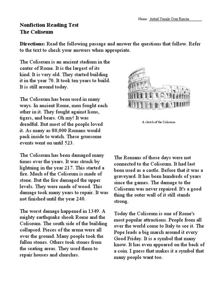 Nonfiction Reading Test The Coliseum: Directions: Read The Following ...